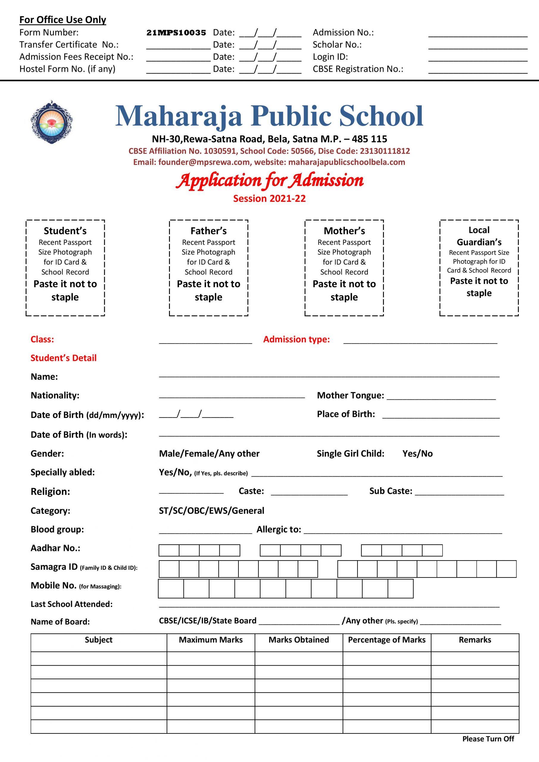 Admission Form Best CBSE School In Rewa Satna